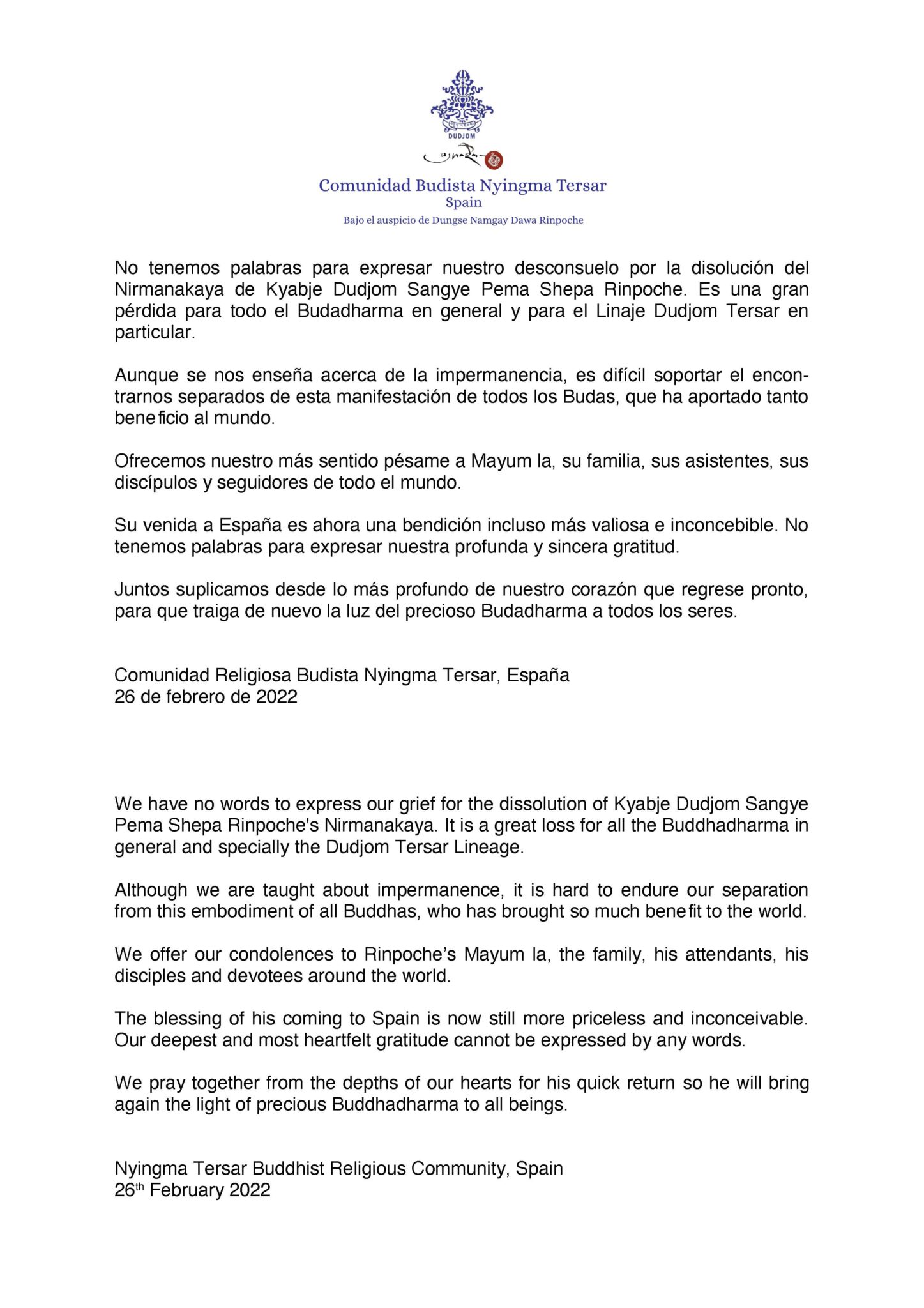 Condolence message from Nyingma Tersar Buddhist Religious Community ...